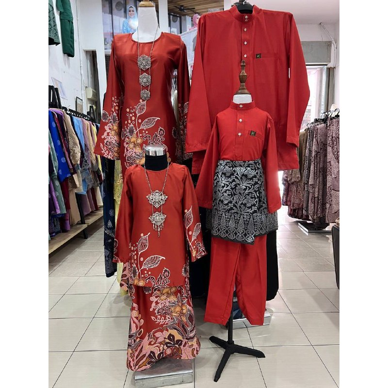 SET FAMILY ORANGE BRICK 〕 BAJU MELAYU + KURUNG BATIK DAHLIA BATIK ...