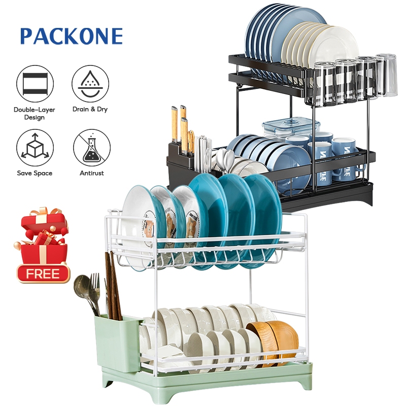 PACKONE Dish Draining Rack Kitchen Racks With Tray Carbon Steel Kitchen ...