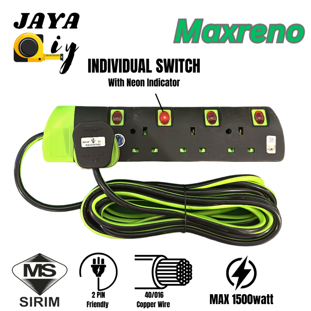 SIRIM PREMIUM 2/5 METER 2G,3G,4G,5G Trailing Socket 1.25MM X 3C Wire Extension Socket C/W Neon ...