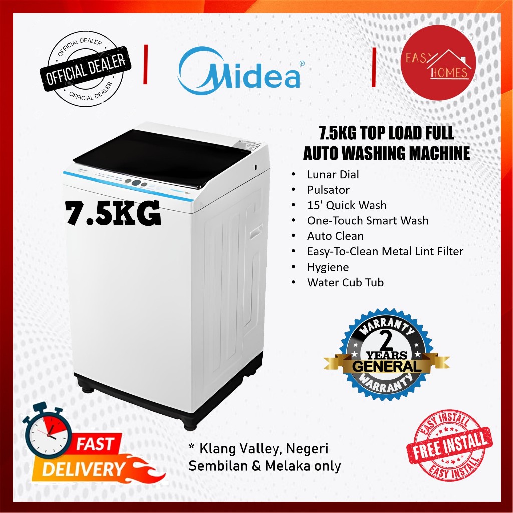 MIDEA 7.5KG Fully Auto Washing Machine MA100W75/WK/E Washer Mesin Basuh ...