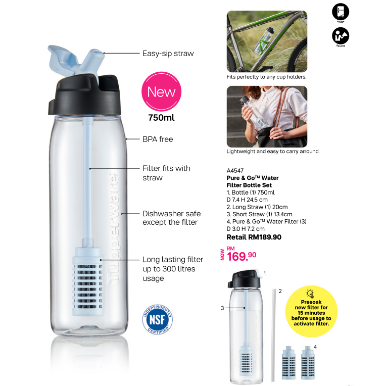 Tupperware Pure & Go Water Filter Bottle Set: Eco bottle 750ml Filter ...