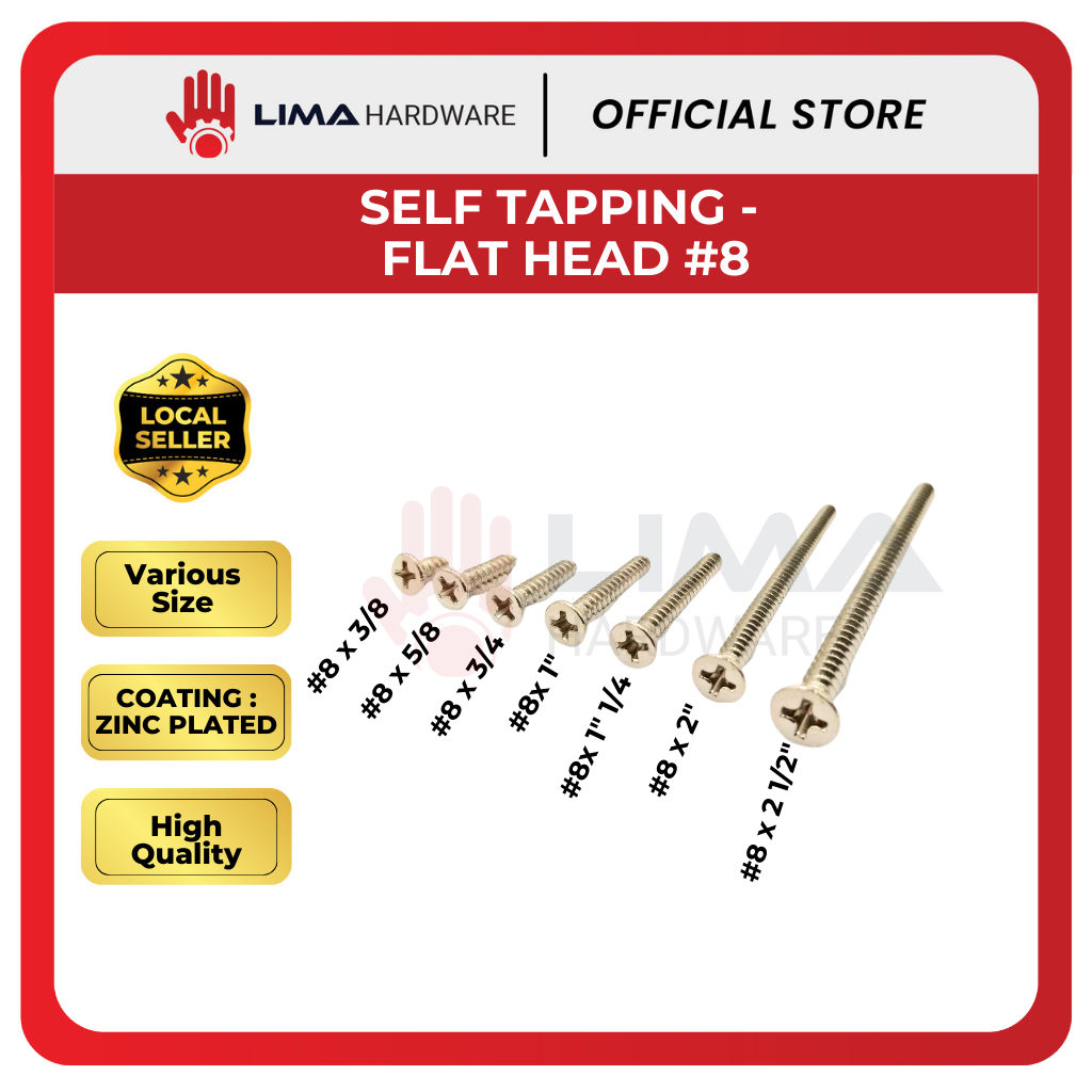 Self Tapping Flat Head Screws, Skru Rata, Skru Kepala Rata - #8 ...