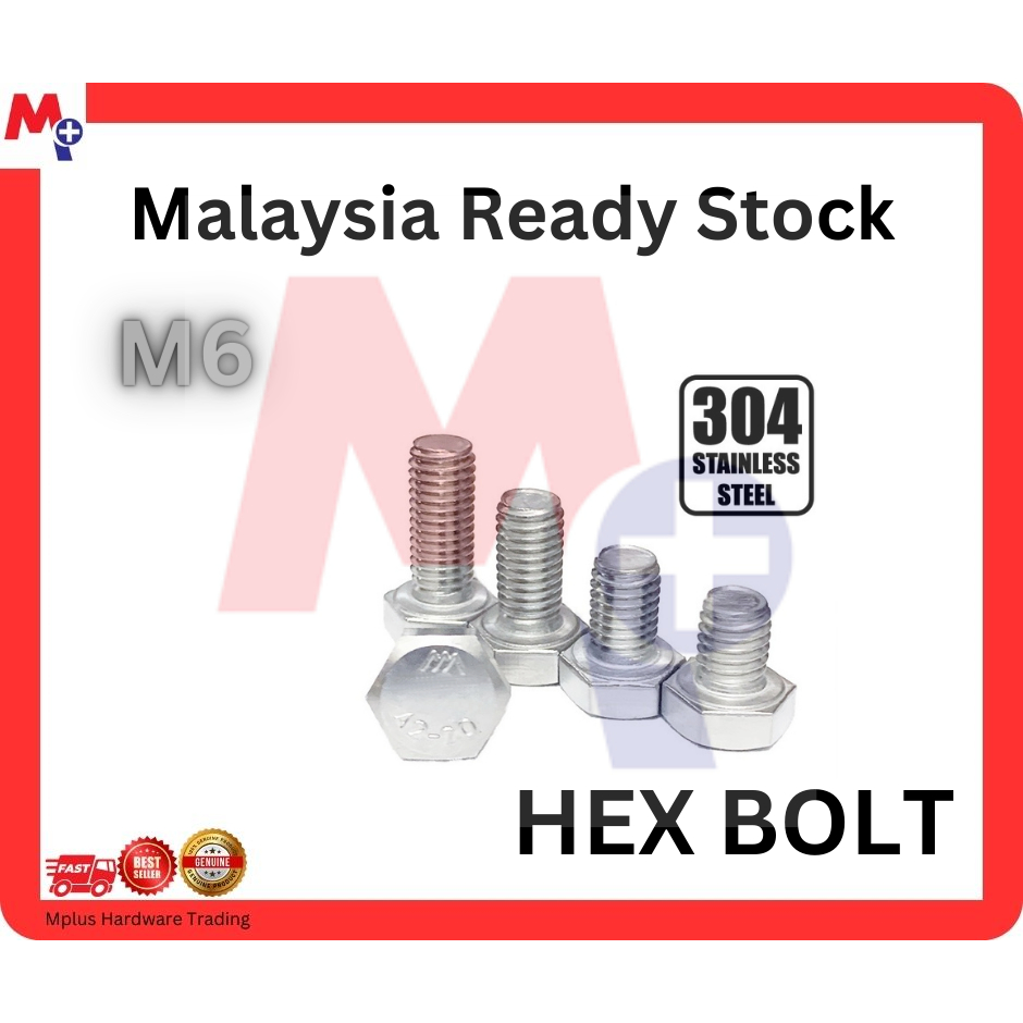 M6 Hex Bolt 304 Stainless Steel DIN933 Screw Skru Spanner Hexagon Head ...