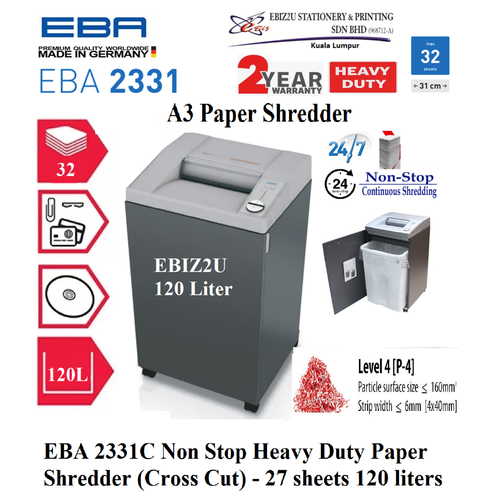 EBA 2331 C Non Stop Heavy Duty A3 Paper Shredder (Cross Cut) 4x40mm - 27 sheets (120 liters ...