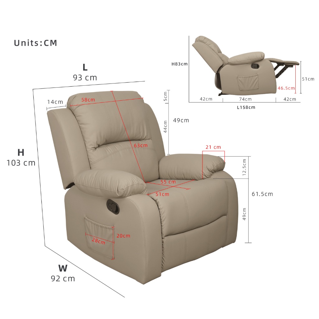 KitchenZ Sabah 3FT Modern & Simple Linen Fabric/TPU Recliner Sofa-HMZ-FN-SF-YM-522/523 | Shopee ...