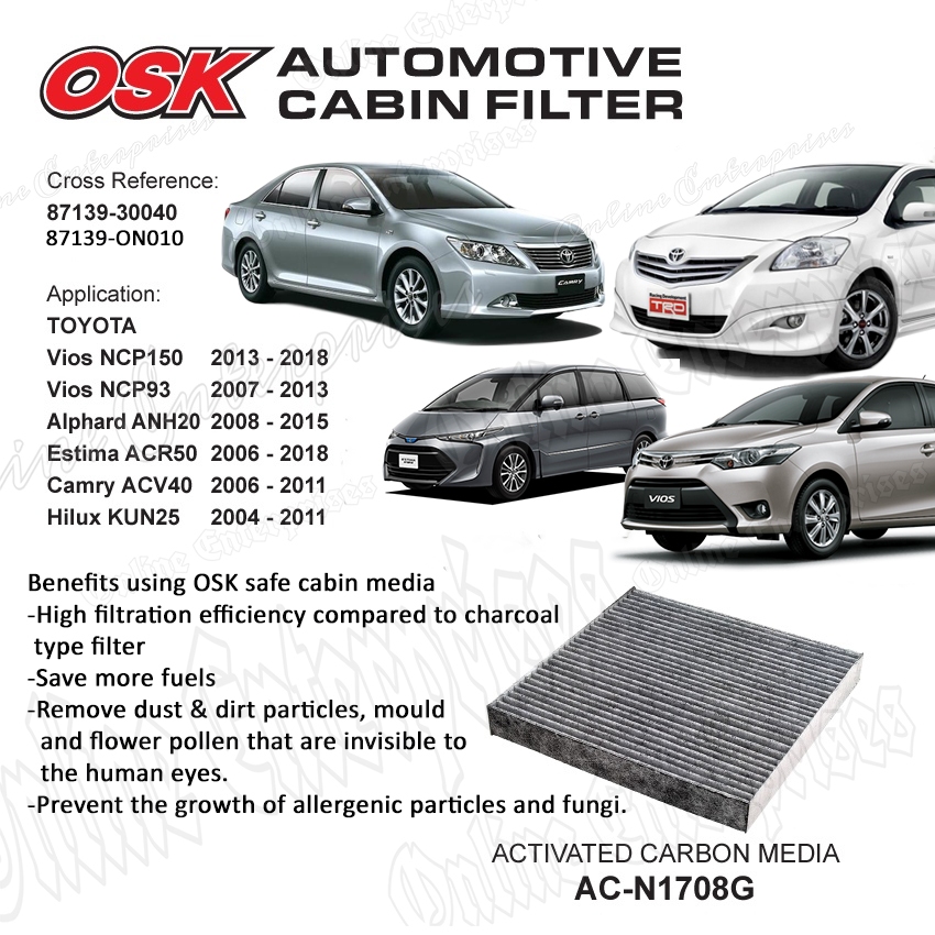OSK CABIN FILTER Charcoal TOYOTA Vios Ncp 93 Ncp 150 Ncp 151 Camry ...