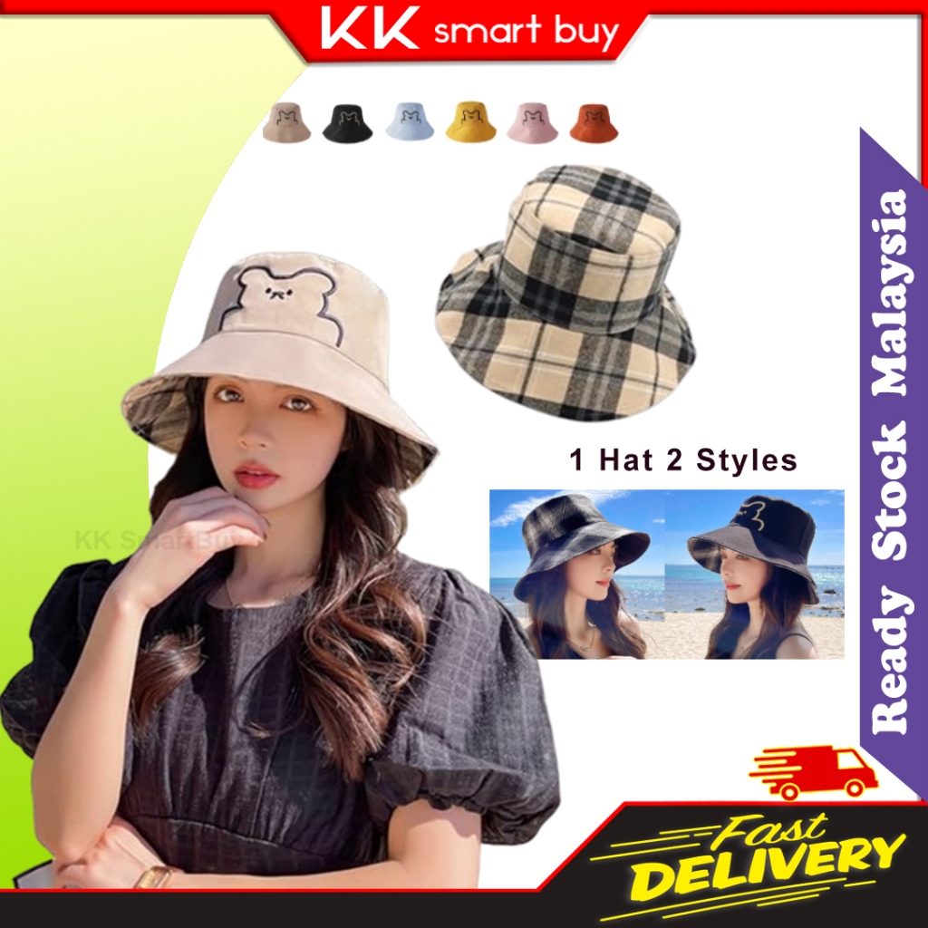 Reversible Bucket Hat with Bear Embroidery Dual Pattern Unisex ...