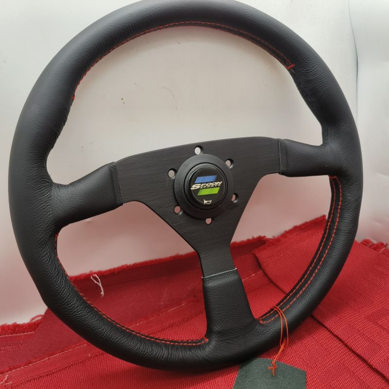 Red Line 14inch/350mm MOMO Style Spoon Sports Genuine Leather Drift ...