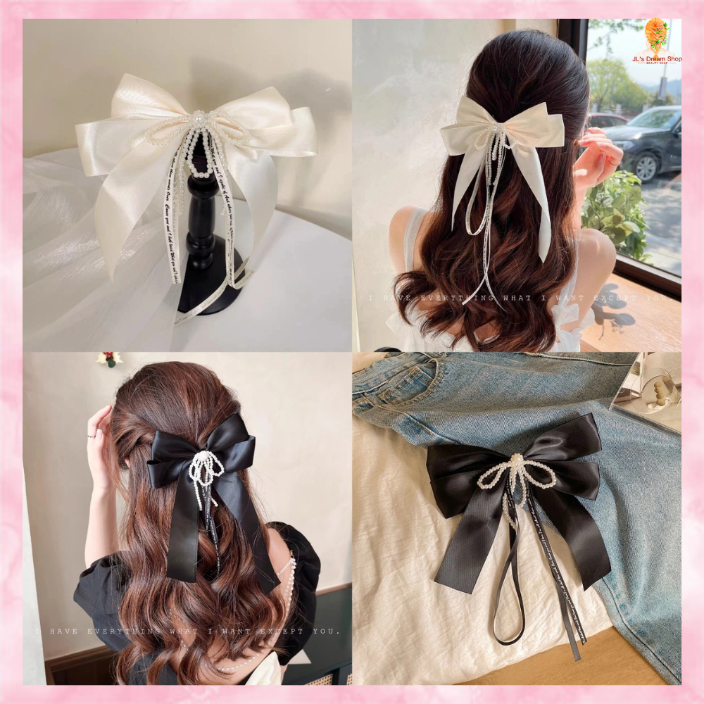 Super Fairy French Satin Pearl Big Ribbon Bow French Barrette Clip ...