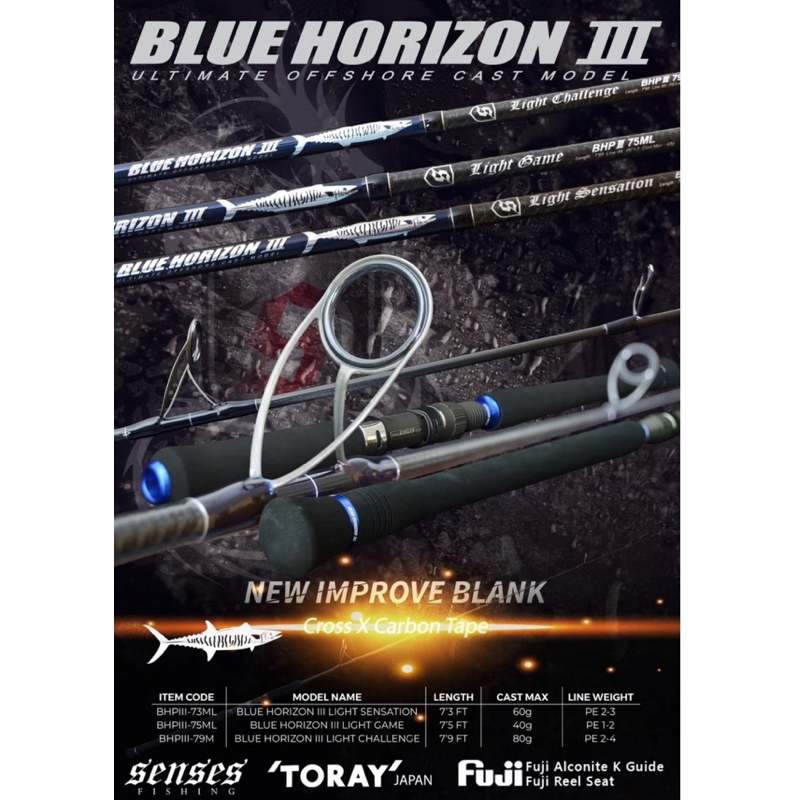 SENSES BLUE HORIZON II & III LIGHT POPPING SPINNING FISHING ROD ...