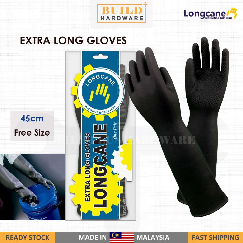 LONGCANE Extra Long Industrial Black Rubber Gloves 45cm Free Size ...