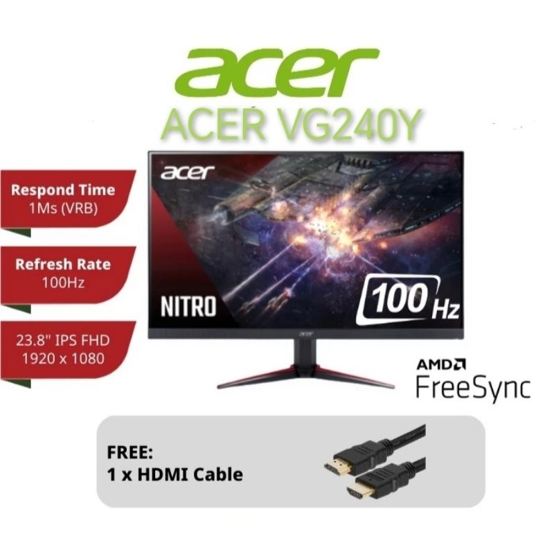Acer Nitro VG240Y 23.8" FULL HD IPS LED MONITOR 100hz/1ms/AMD FreeSync ...