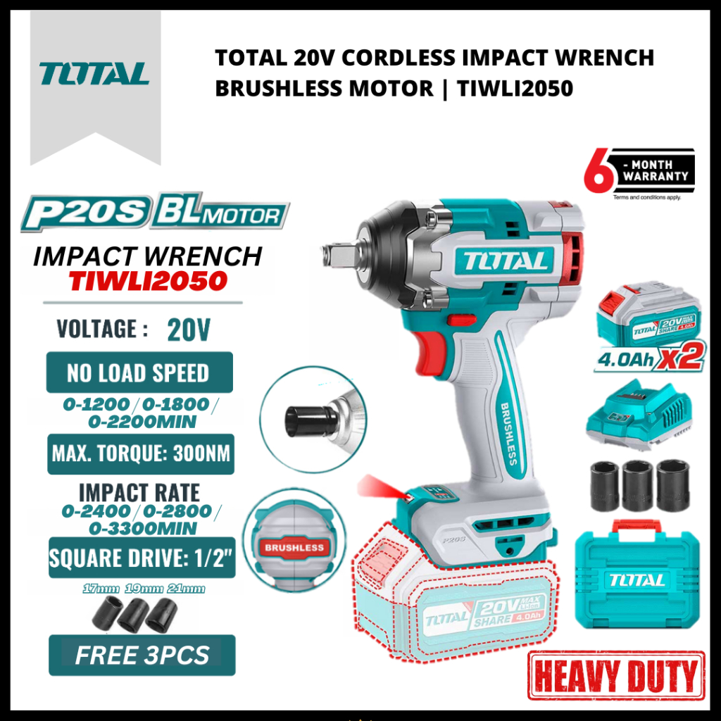 TOTAL (P20s / 20V 4.0AH) Li-Ion 1/2'' 500Nm Cordless Impact Wrench ...