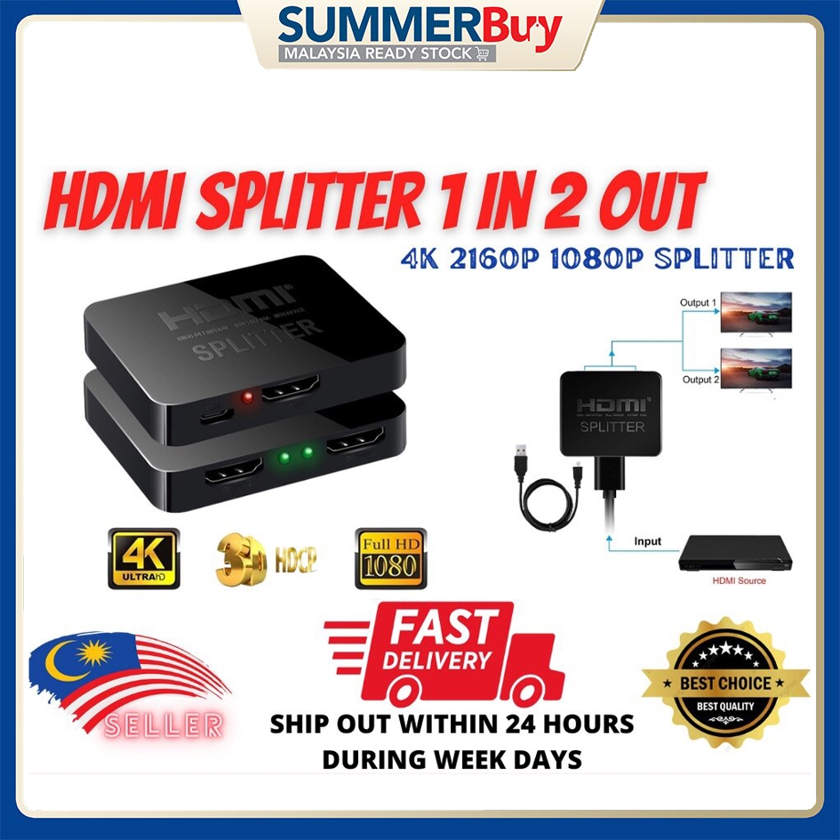 HDMI Splitter 1 in 2 Out 4k Dual Port Spliter Split Screen HDCP Video ...