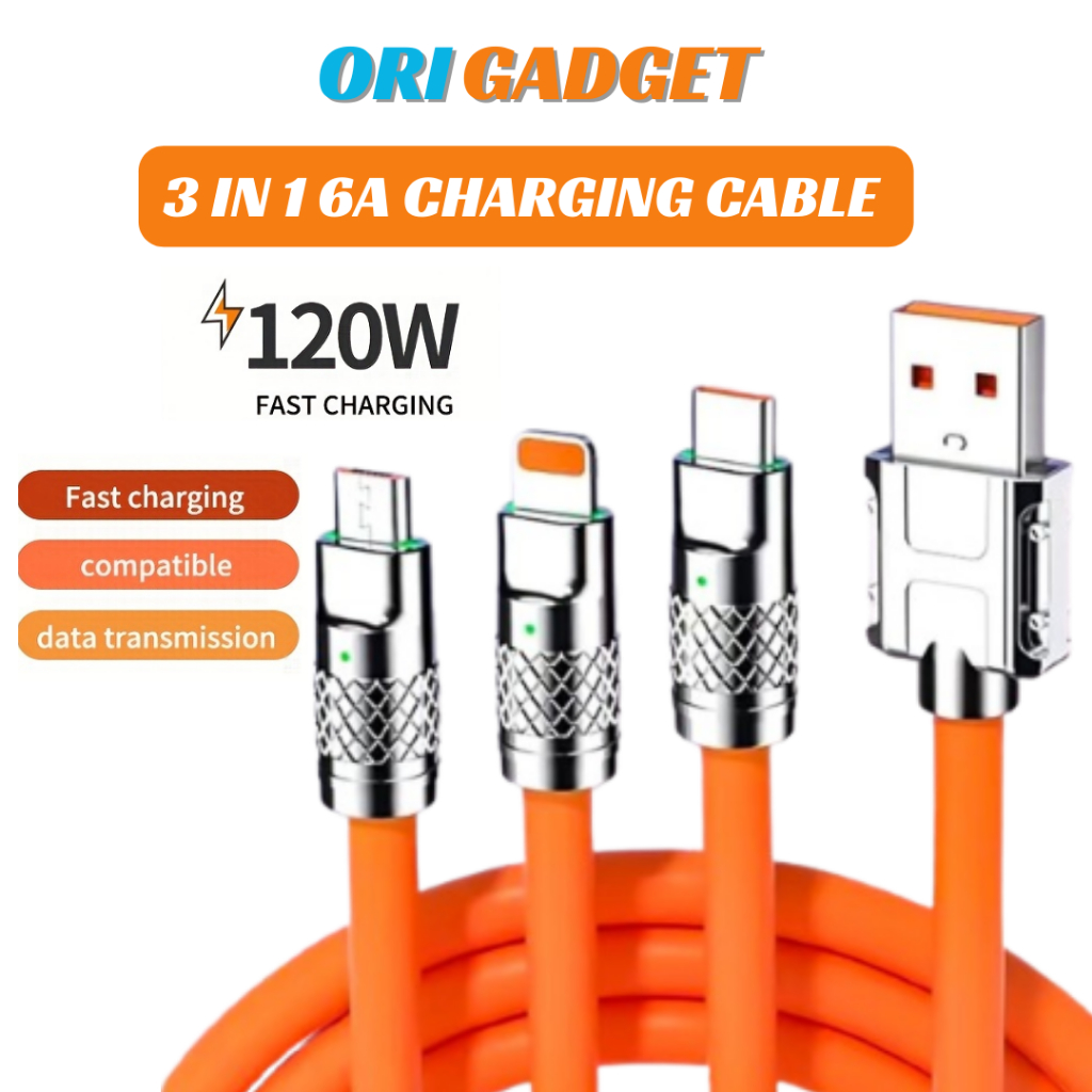 3 IN 1 120 Watts Fast Charging Cable for Type-C Micro USB iOS 3 Way ...