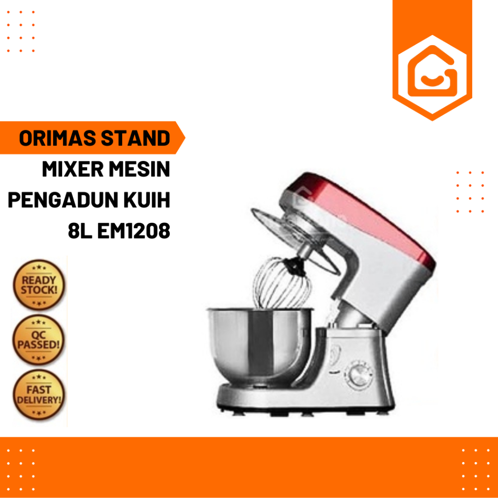 READY STOCK ORIMAS STAND MIXER MESIN PENGADUN KUIH 8L EM1208 | Shopee ...