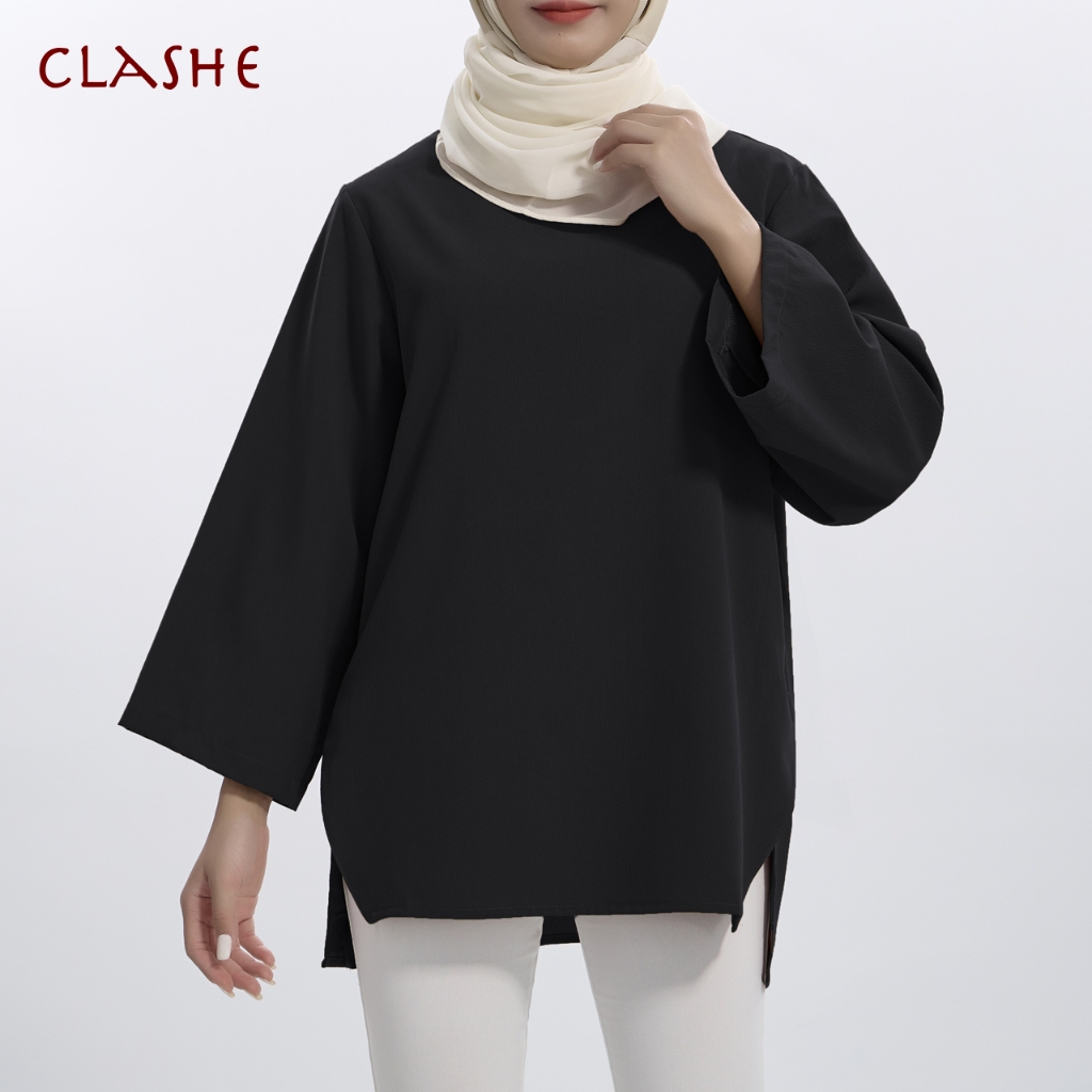 Clashe Ironing Blouse CEY CREPE Baggy Style 3/4 Sleeve Party Crew Neck ...