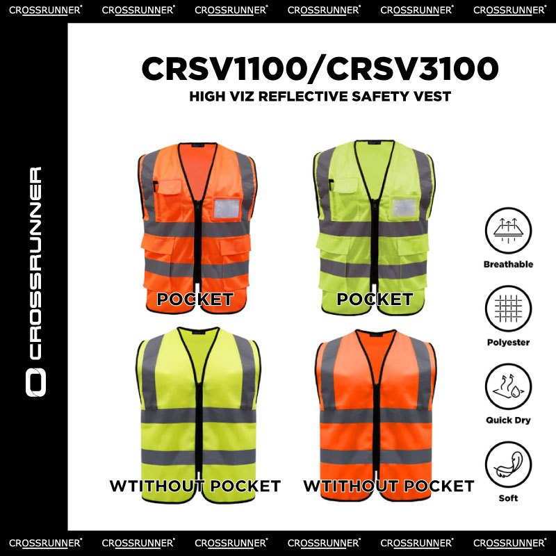 CROSSRUNNER Quick Dry High Viz Reflective With Zip Mesh Safety Vest ...