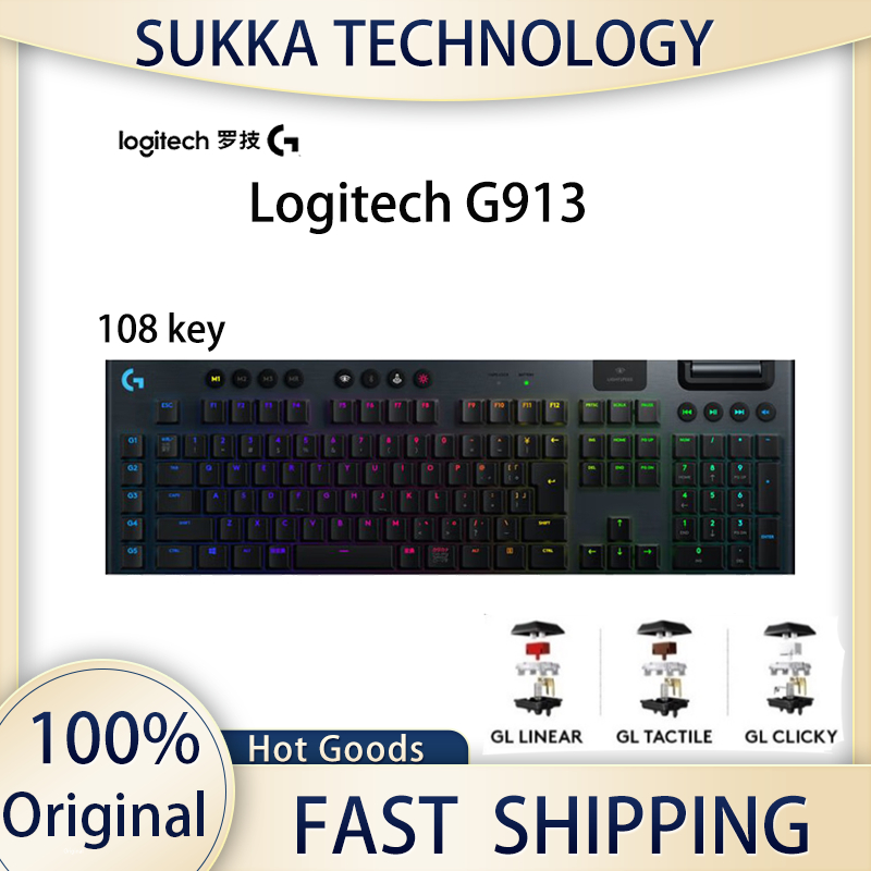 Logitech G913 /108 Key /RGB Lightspeed Wireless Tri-Mode Mechanical Keyboard / Slim Design ...