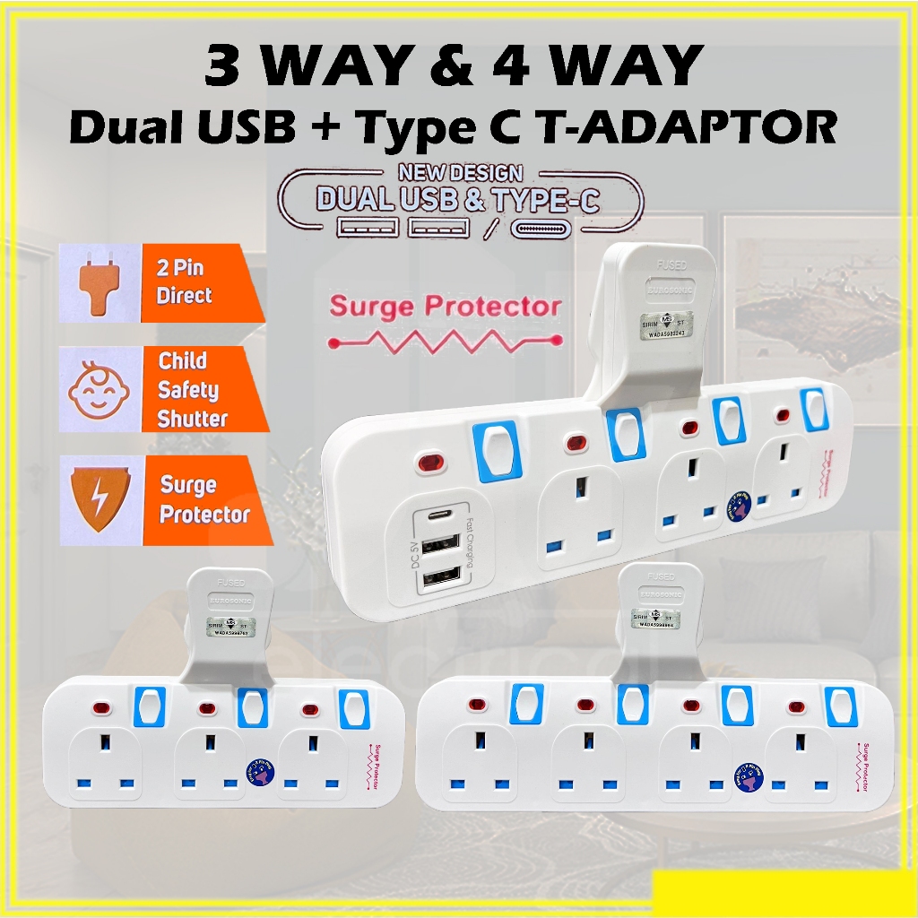 [type C Port] Sirim 3 Ways T Adaptor Extension With Surge Protection And Neon Switch Indicator T