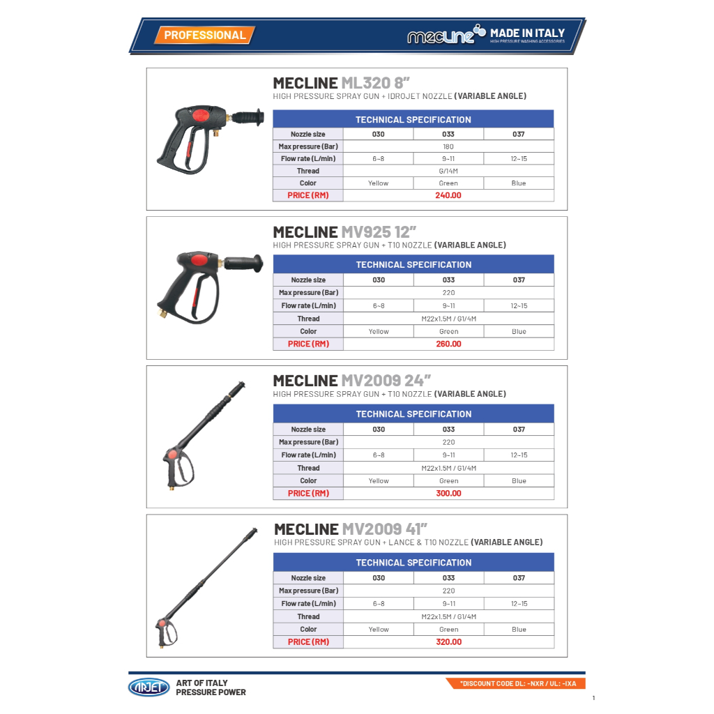 (MADE IN ITALY)MECLINE ML320 8” HIGH PRESSURE SPRAY GUN + IDROJET ...