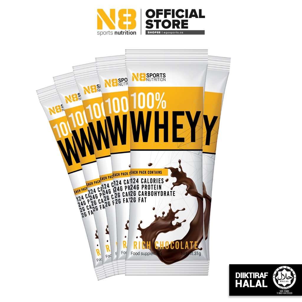 N8 100% Whey Protein Sachet 31g (HALAL) Chocolate (6 Sachets) | Shopee ...