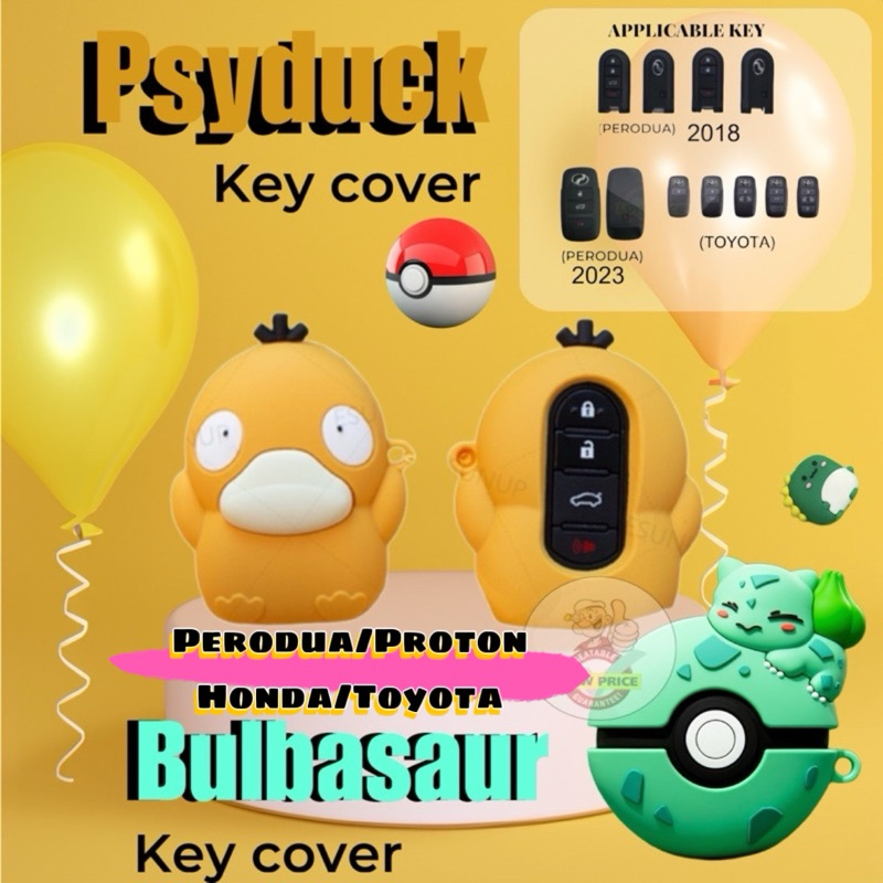 Psyduck Bulbasaur Car Remote Smart Keyless Cartoon Key Cover Sarung Kunci Kereta Bezza Axia Myvi ...