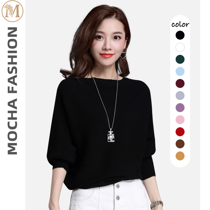 【ready Stock】st245 Womens Bat Sleeve Sweater Loose Solid Color Single