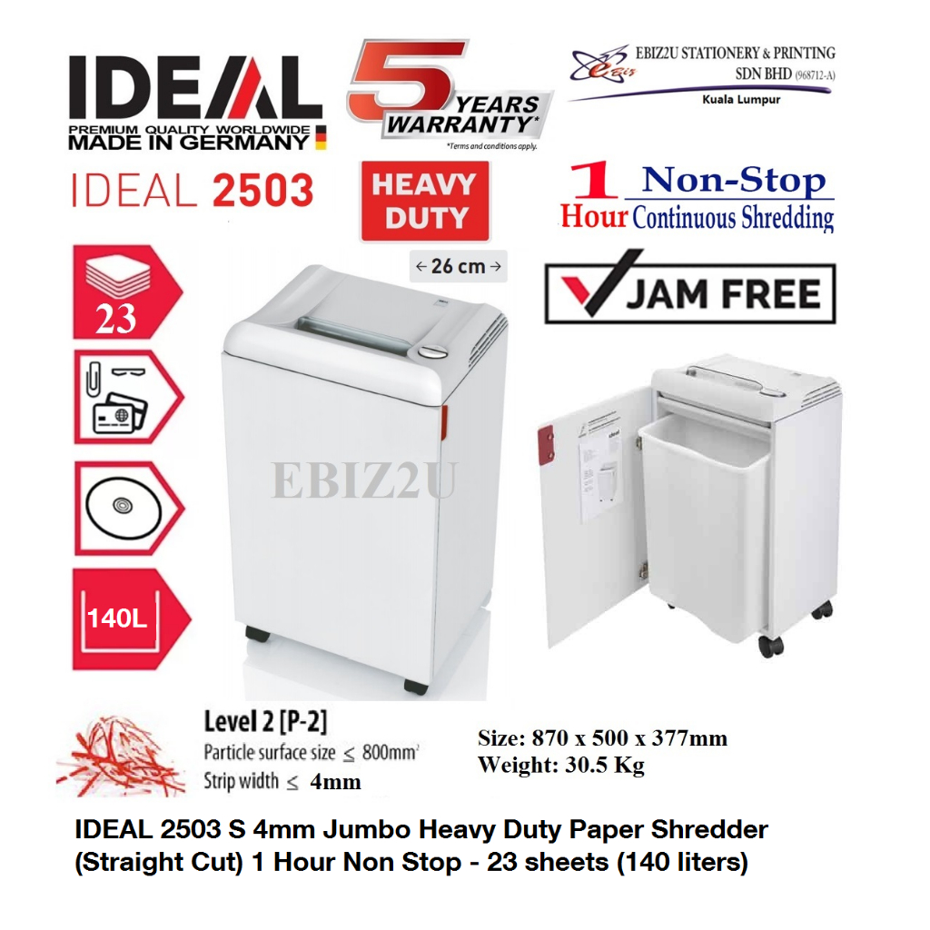 IDEAL 2503 S 4mm Jumbo Heavy Duty Paper Shredder Strip Cut - 3mm 23 sheets 140 liters | Shopee ...