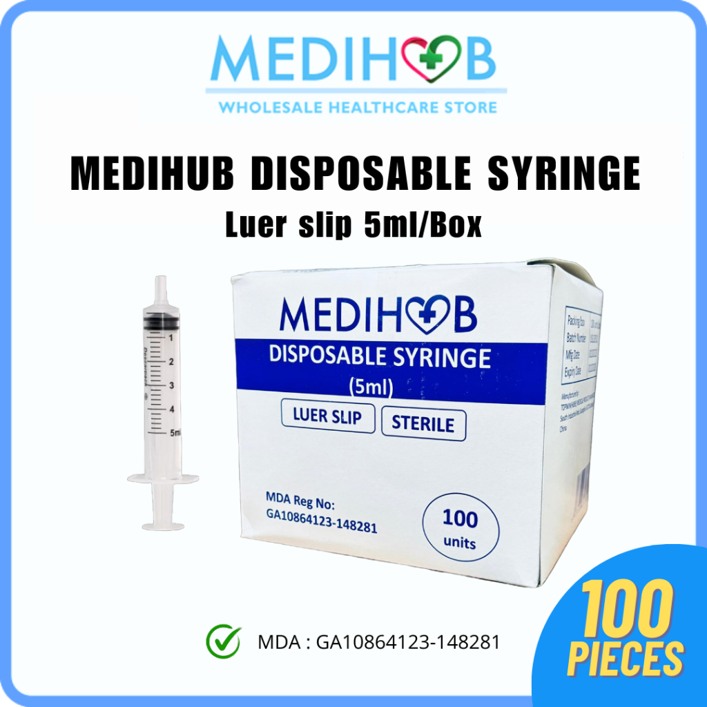 [𝐌𝐃𝐀 𝐀𝐏𝐏𝐑𝐎𝐕𝐄𝐃] MEDIHUB Disposable Syringe Luer Slip 100s/box (5ml ...