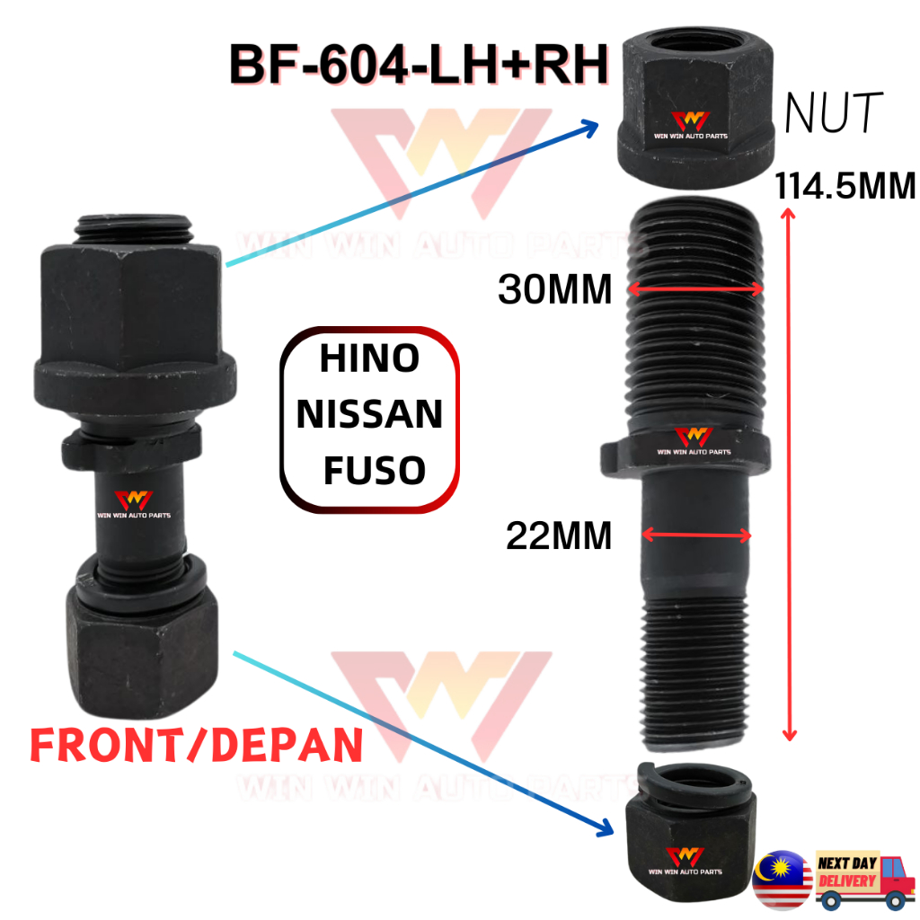 Hub Bolt Hino Nissan Fuso 30MM Heavy Duty Wheel Hub Bolt Black (Front ...
