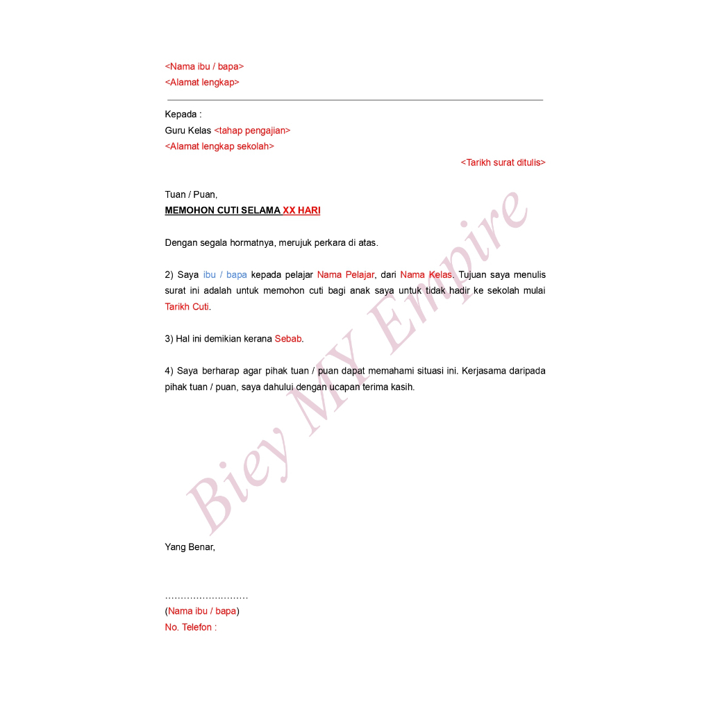 Surat rasmi memohon cuti sekolah / asrama oleh ibubapa | Shopee Malaysia