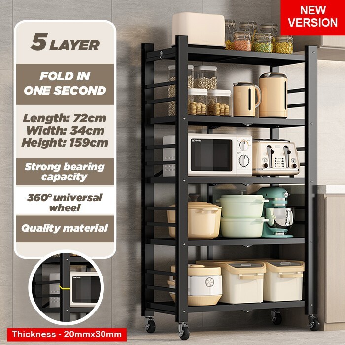3 / 4 / 5 Tier Foldable Kitchen Rack Shelves with Wheels Moveable ...