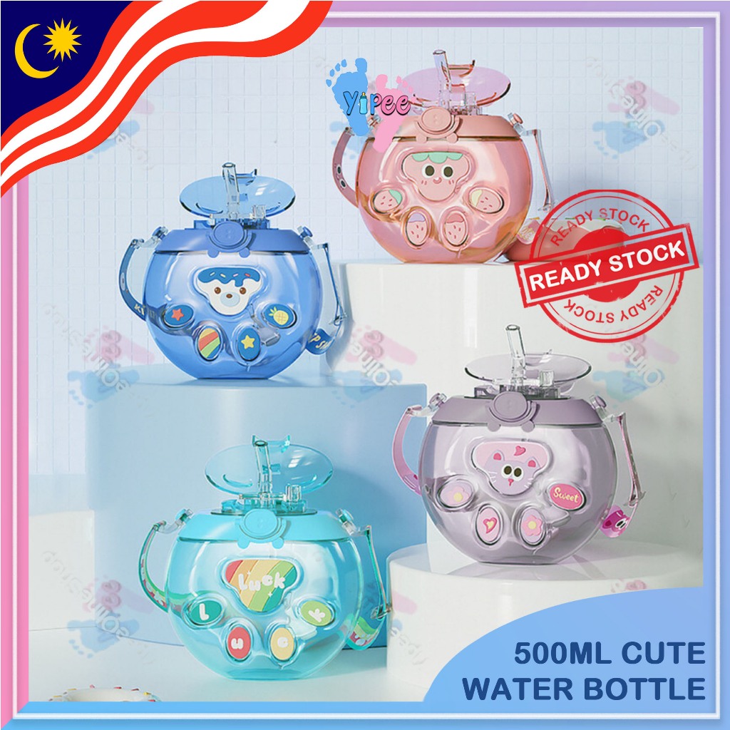 500ml Cute Water Bottle with Straw Nozzle and Shoulder Strap Botol Air ...