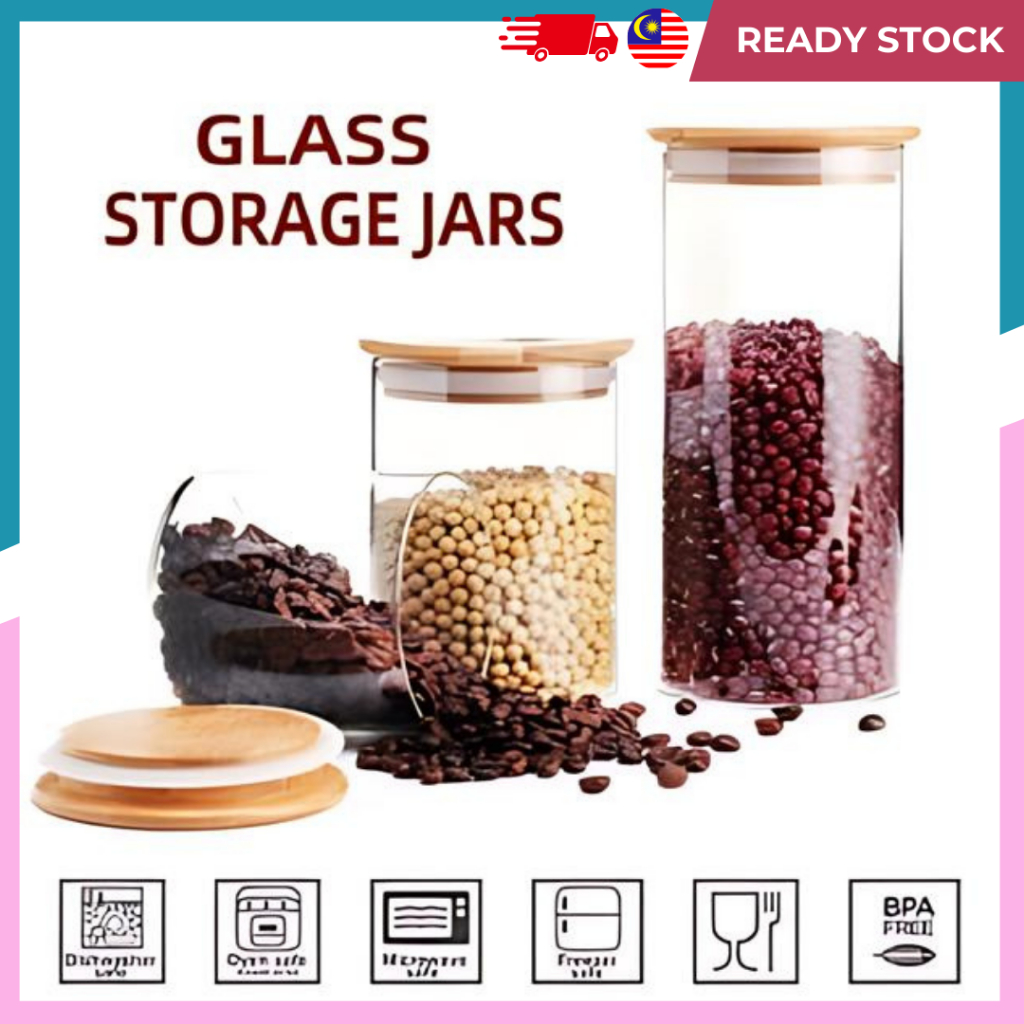 Glass Storage Jars with Bamboo Lids | Shopee Malaysia