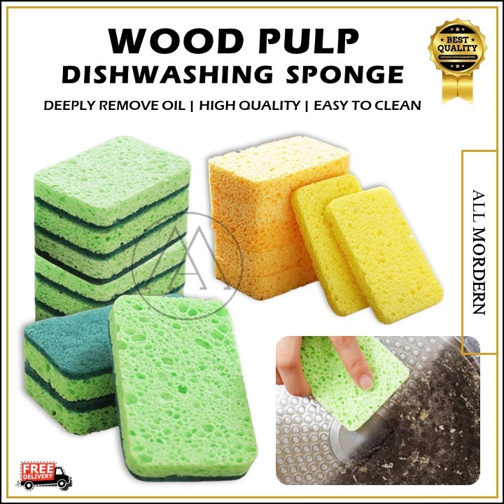𝗗𝗨𝗔𝗟 𝗦𝗜𝗗𝗘𝗗 】Wood Pulp Dishwashing Sponges Heavy Duty Scouring Kitchen ...