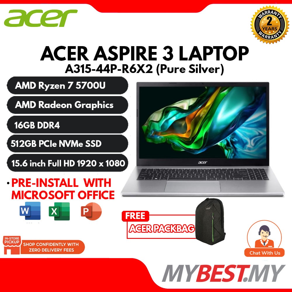 Acer Aspire 3 A315-44P-R6X2 15.6'' FHD Laptop Pure Silver ( Ryzen 7 5700U, 16GB, 512GB SSD, ATI ...