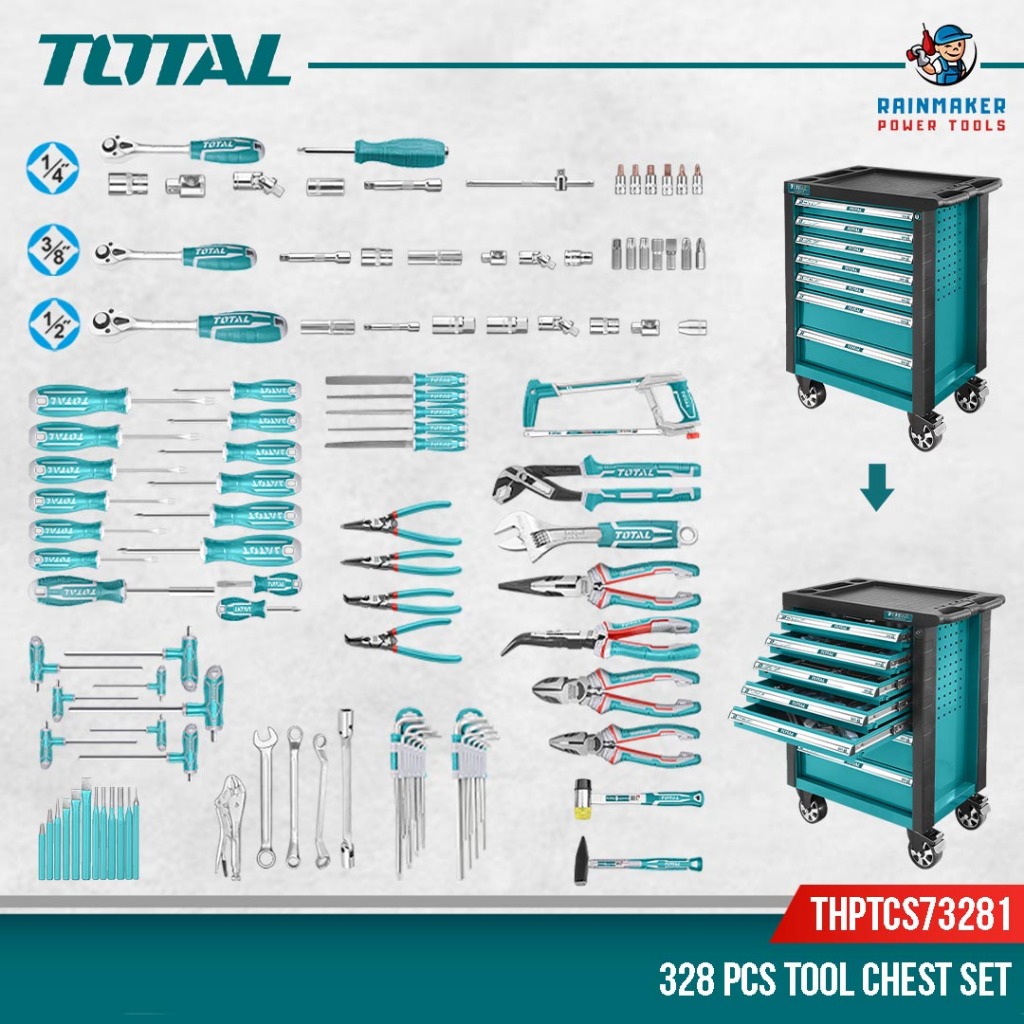 TOTAL Tool Chest Set (328Pcs) 7 Drawers + Castor + Brakes With Wrench ...