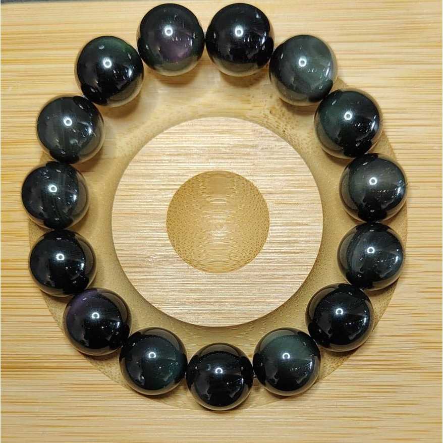天然彩虹黑曜石手串 | Natural Rainbow Obsidian Bracelet 14mm ( 17cm ) | Shopee Malaysia