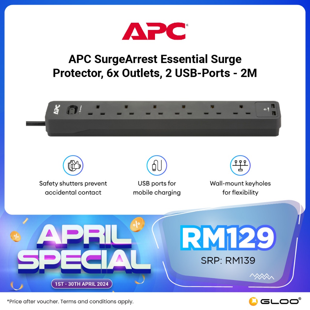 APC SurgeArrest Essential Surge Protector, 6x Outlets, 2 USB-Ports - 2M ...