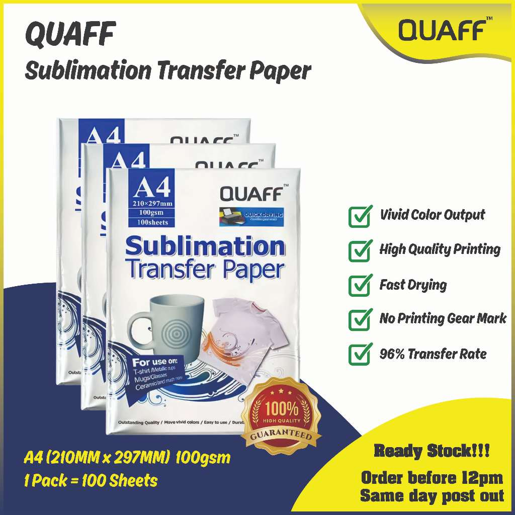 Quaff A4 Sublimation Paper 100gsm - Quick Dry 100 Sheets Pack Quick Dry ...