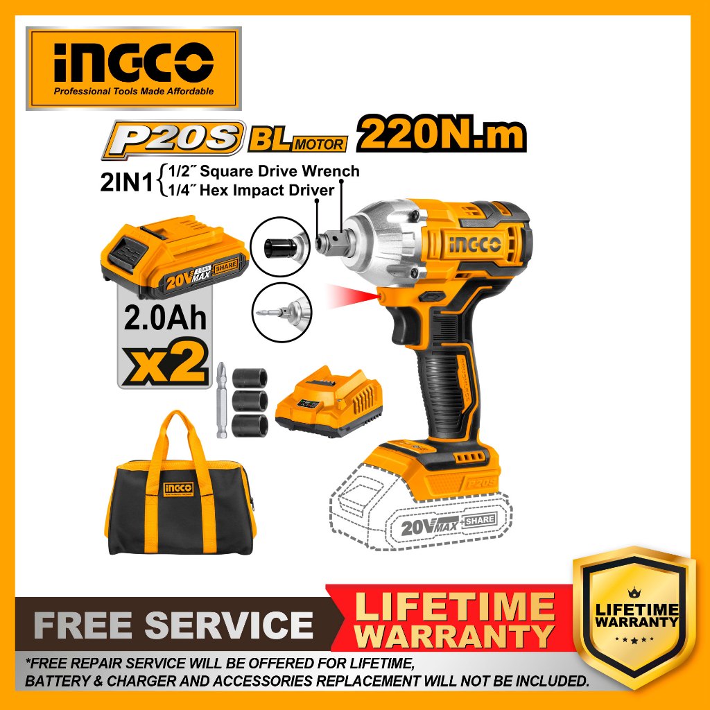 INGCO 20V Lithium-ion Cordless Impact Wrench CIWLI20208 with Batteries ...