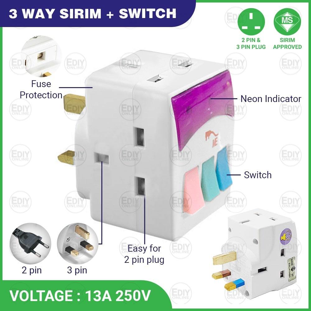 3 Way Adaptor Adapter Adaport MYHome With Multiple Neon Switch Safety ...