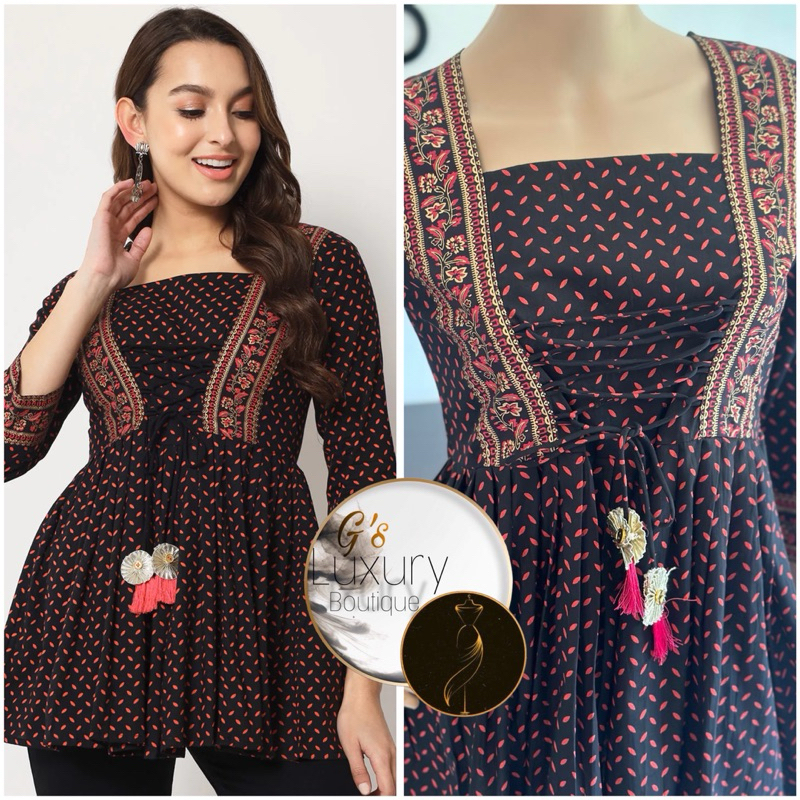 BLACK Stylish Cotton short kurti -Indian Tops Only-3/4 sleeves B1 A05 ...