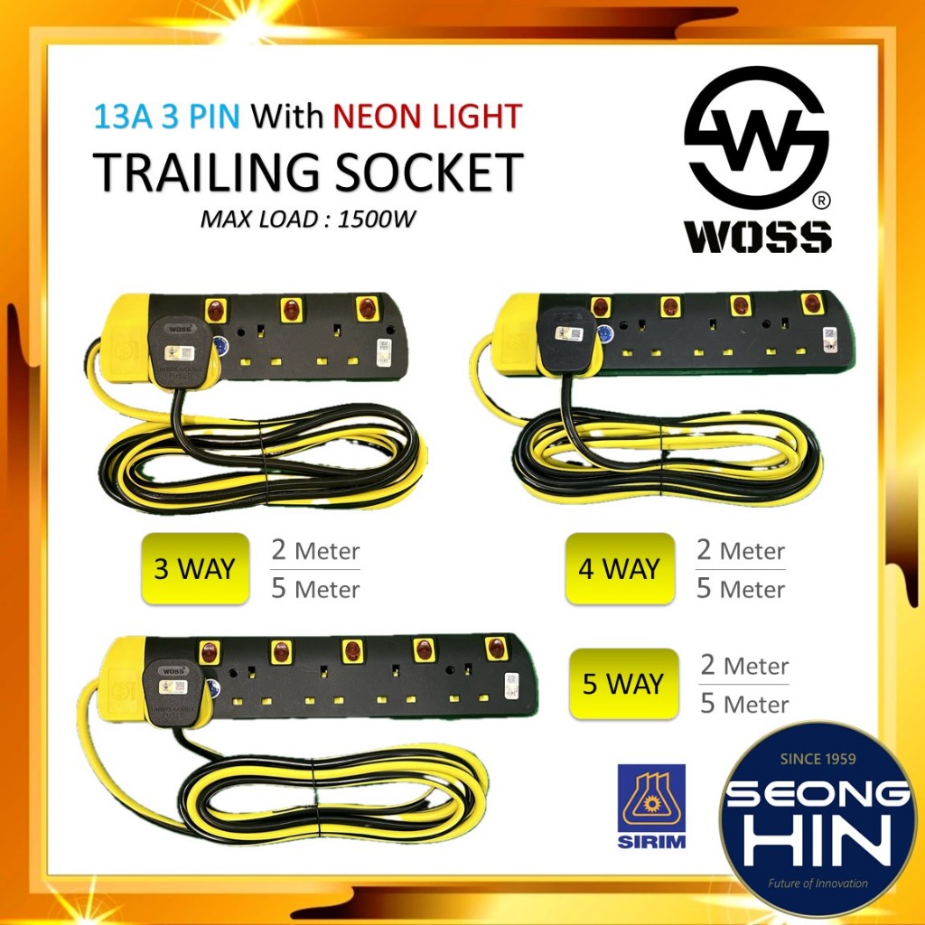 WOSS 3Pin Portable Trailing Socket with Neon 2 meter Cable / plug ...