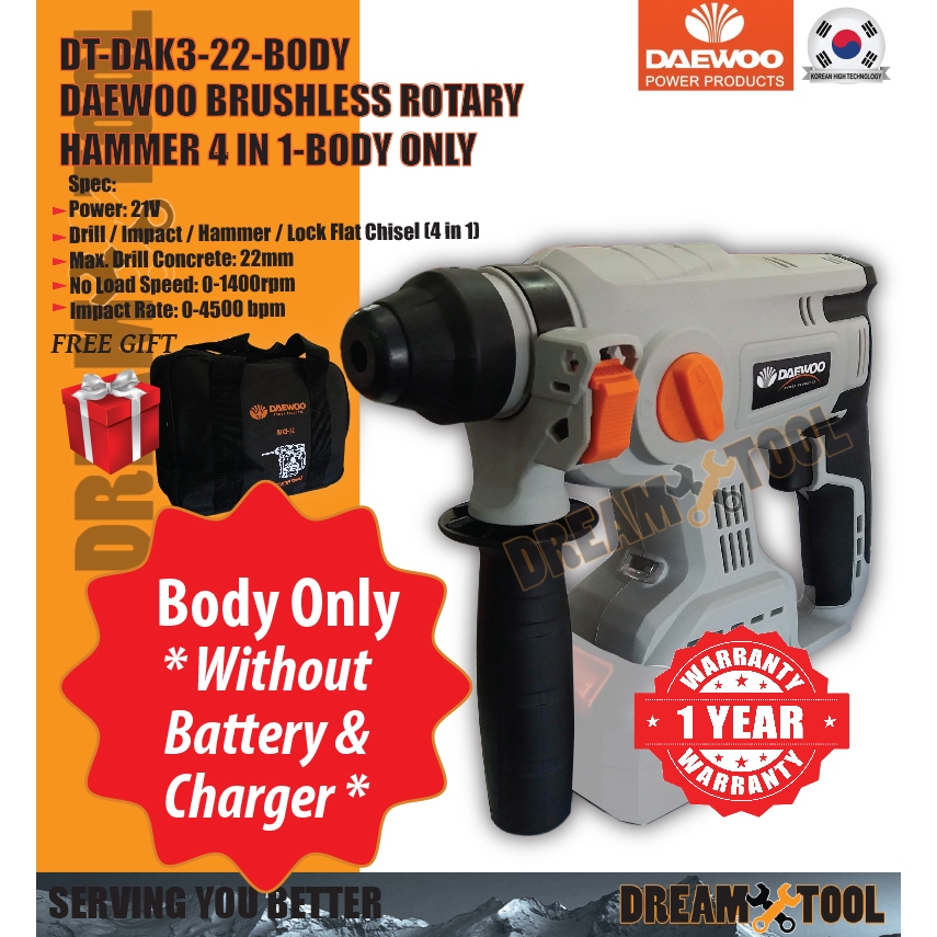* 1 YEAR WARRANTY* Daewoo Pro 21V Brushless Cordless Rotary Hammer 22mm ...