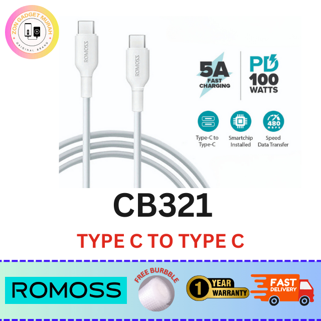 Romoss CB321 1M/2M Cable Type C To Type C PD 100W Fast Charging | Shopee Malaysia