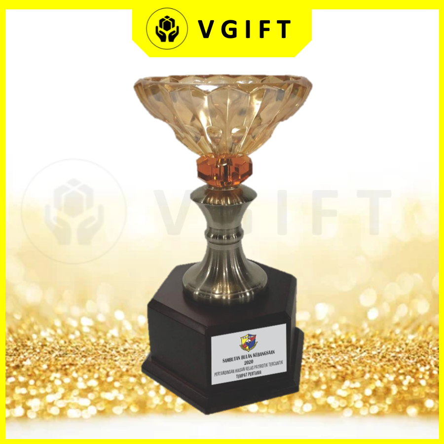 Exclusive White Silver Trophy & Glass On Top + Label + Logo ( Hadiah ...