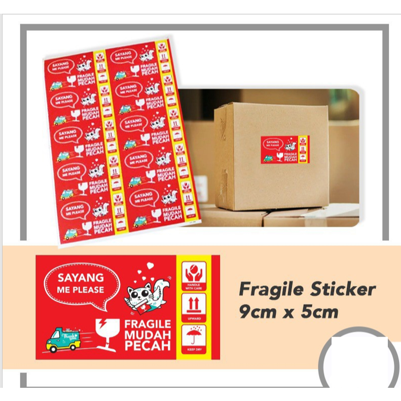 100pc Color Red White Cute Cat 9x5 / 13x7cm Fragile Label Sticker ...