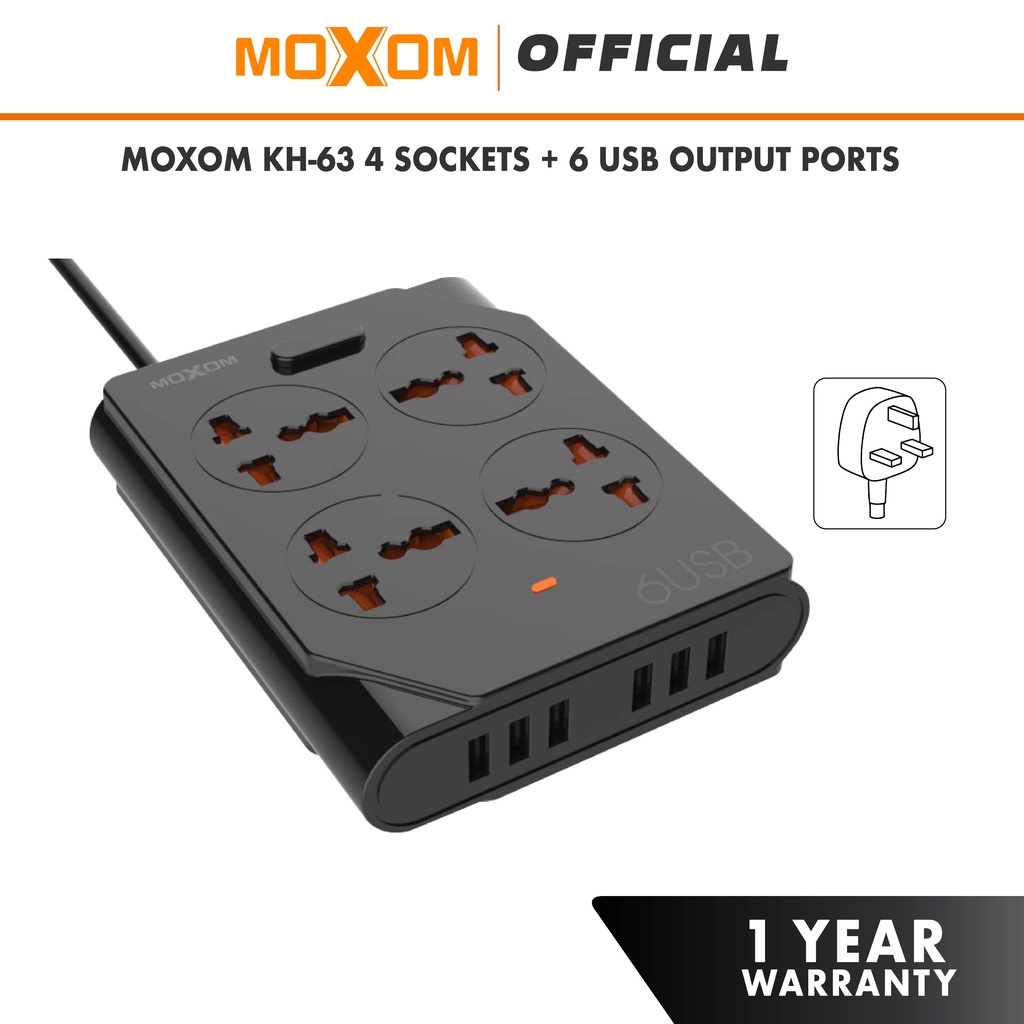 Moxom Power Strip 4 Universal Socket with 6 USB Output 3.4A UK Plug (1 ...